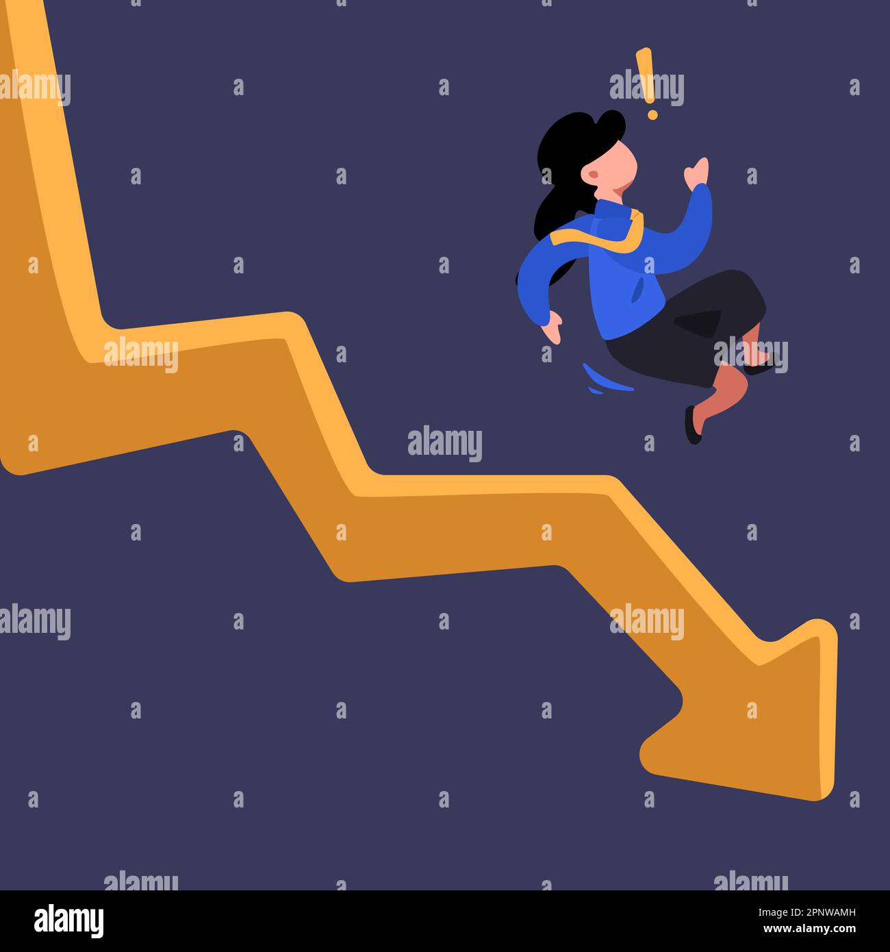 Business flat drawing businesswoman fall down chart. Young female ...