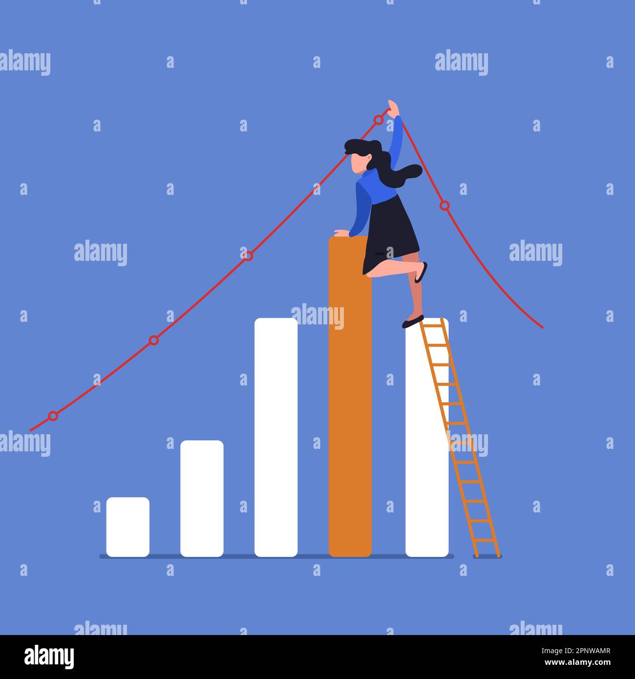 Business concept design businesswoman climbing up on ladder to adjust ...
