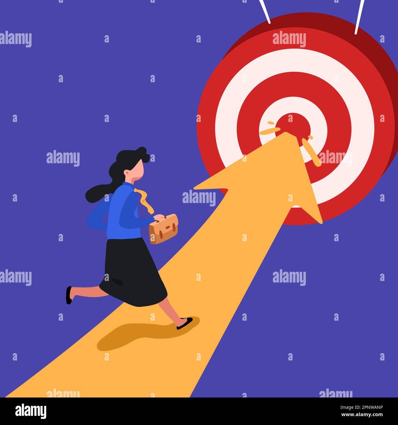 Business flat drawing active businesswoman running toward goal. Reach ...