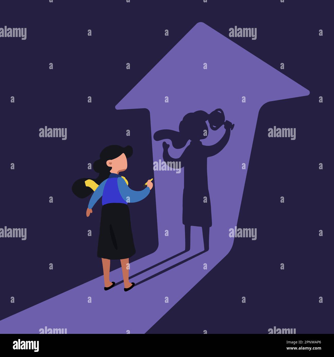 Business concept flat businesswoman holding winning trophy shadow and ...