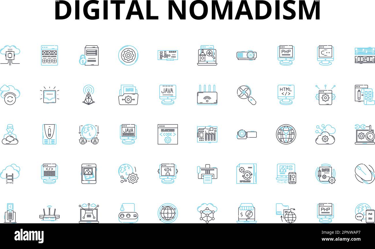 Digital nomadism linear icons set. Freedom, Location independence ...
