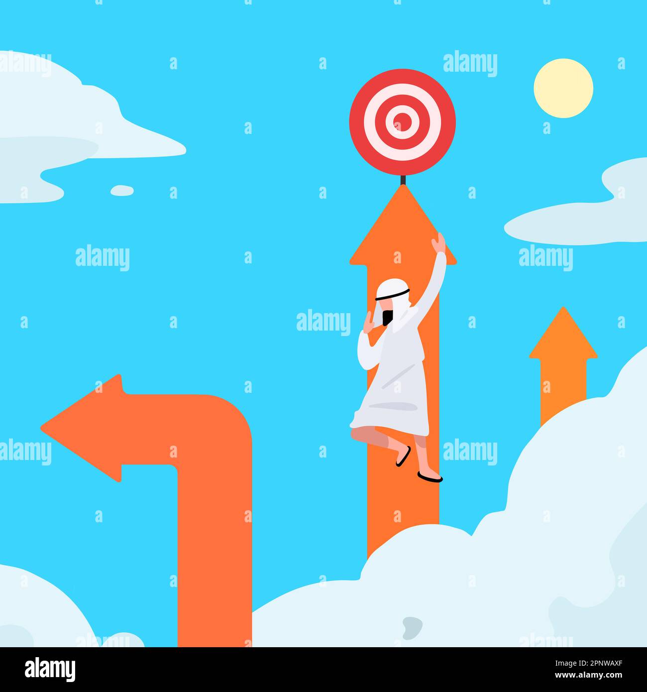 Business concept design Arab businessman climbing arrow to target ...