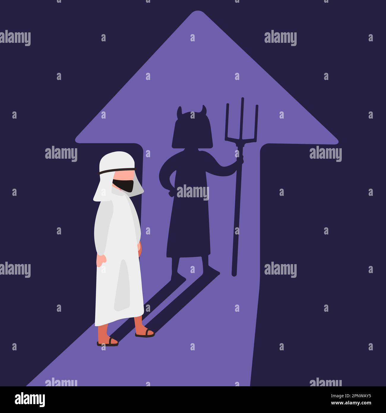 Business flat drawing Arabian businessman with devil of shadow. Evil ...