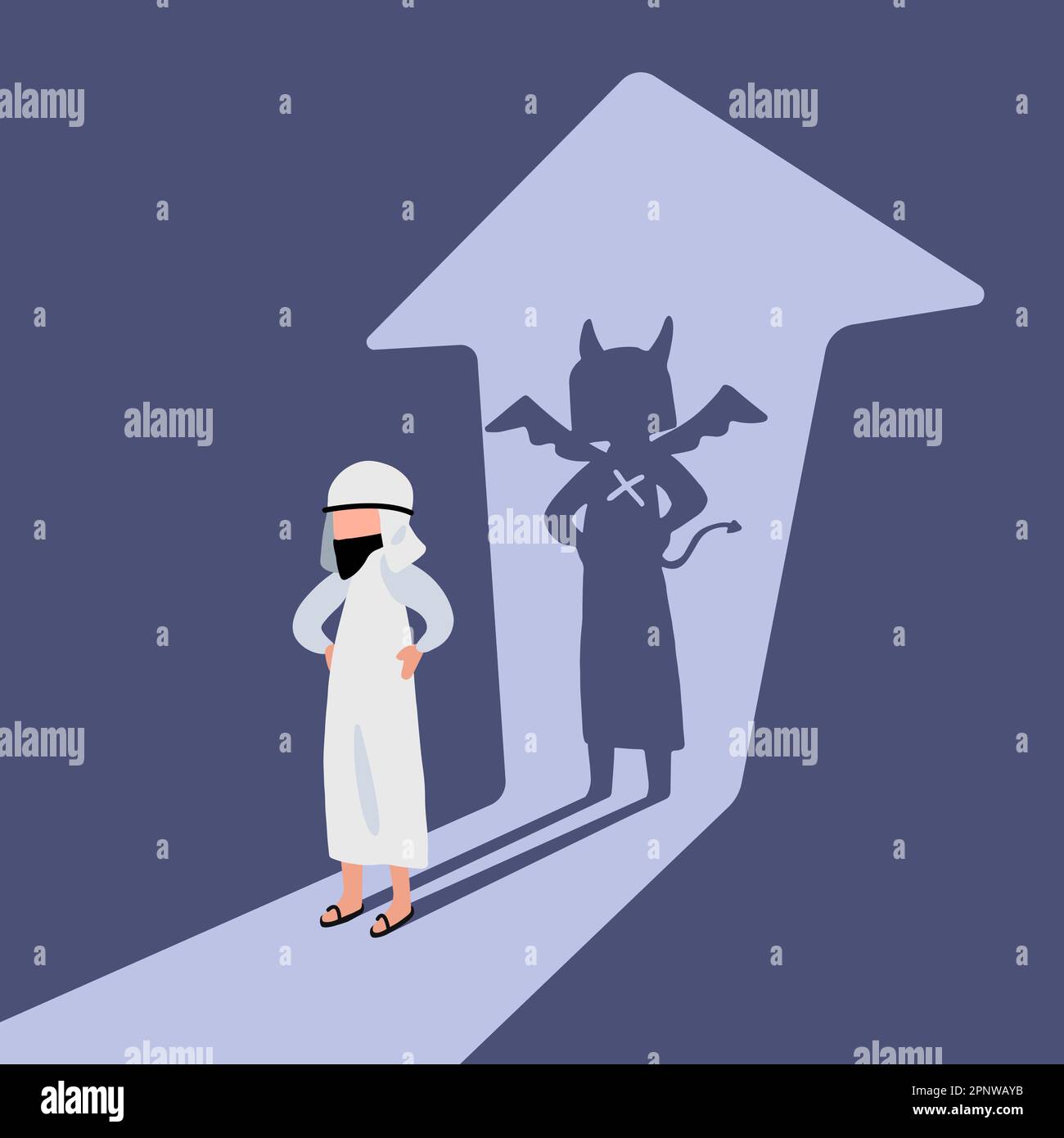 Business flat style drawing Arabian businessman standing with demon ...