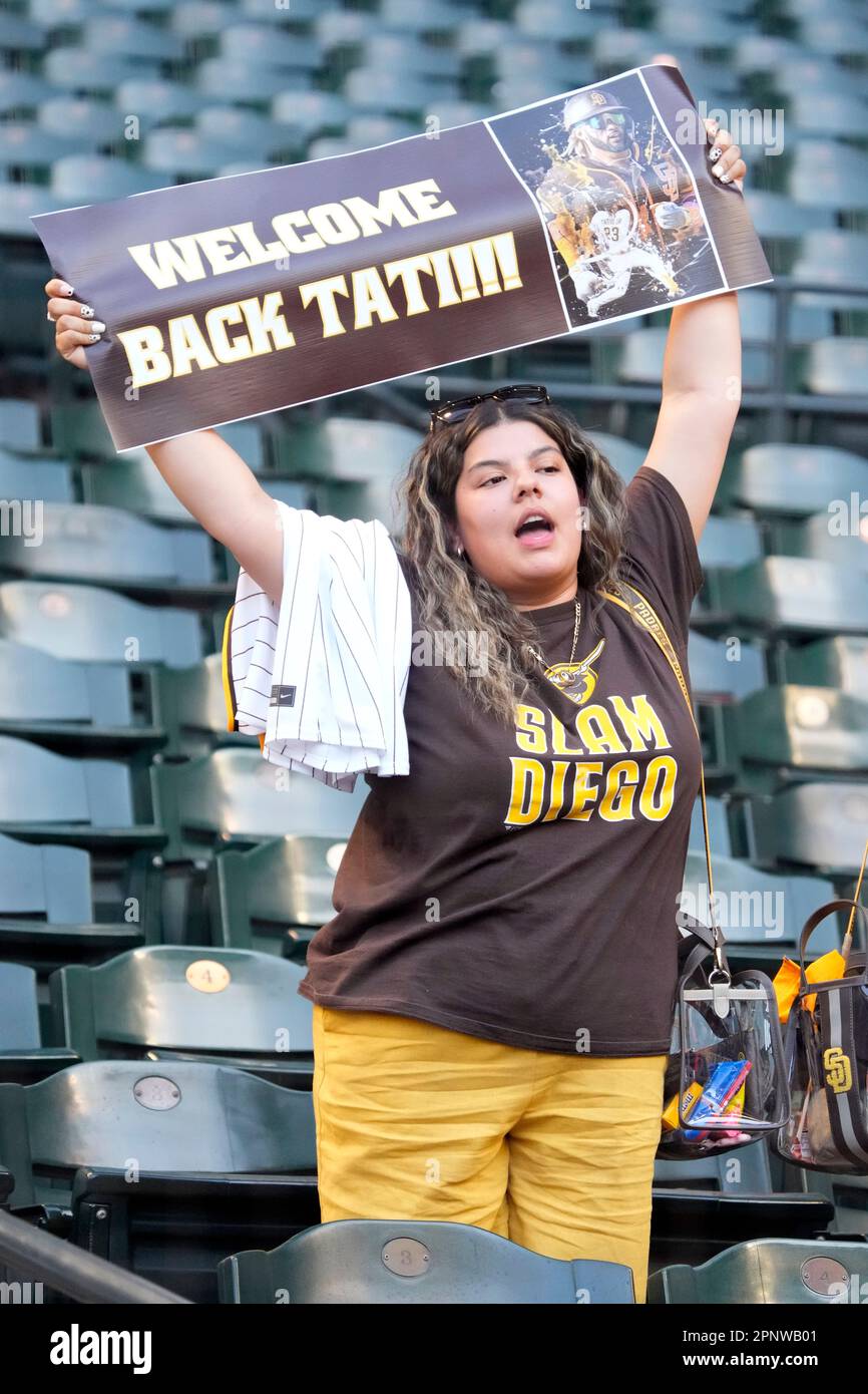 San Diego Padres fans hold up a sign supporting San Diego Padres ...