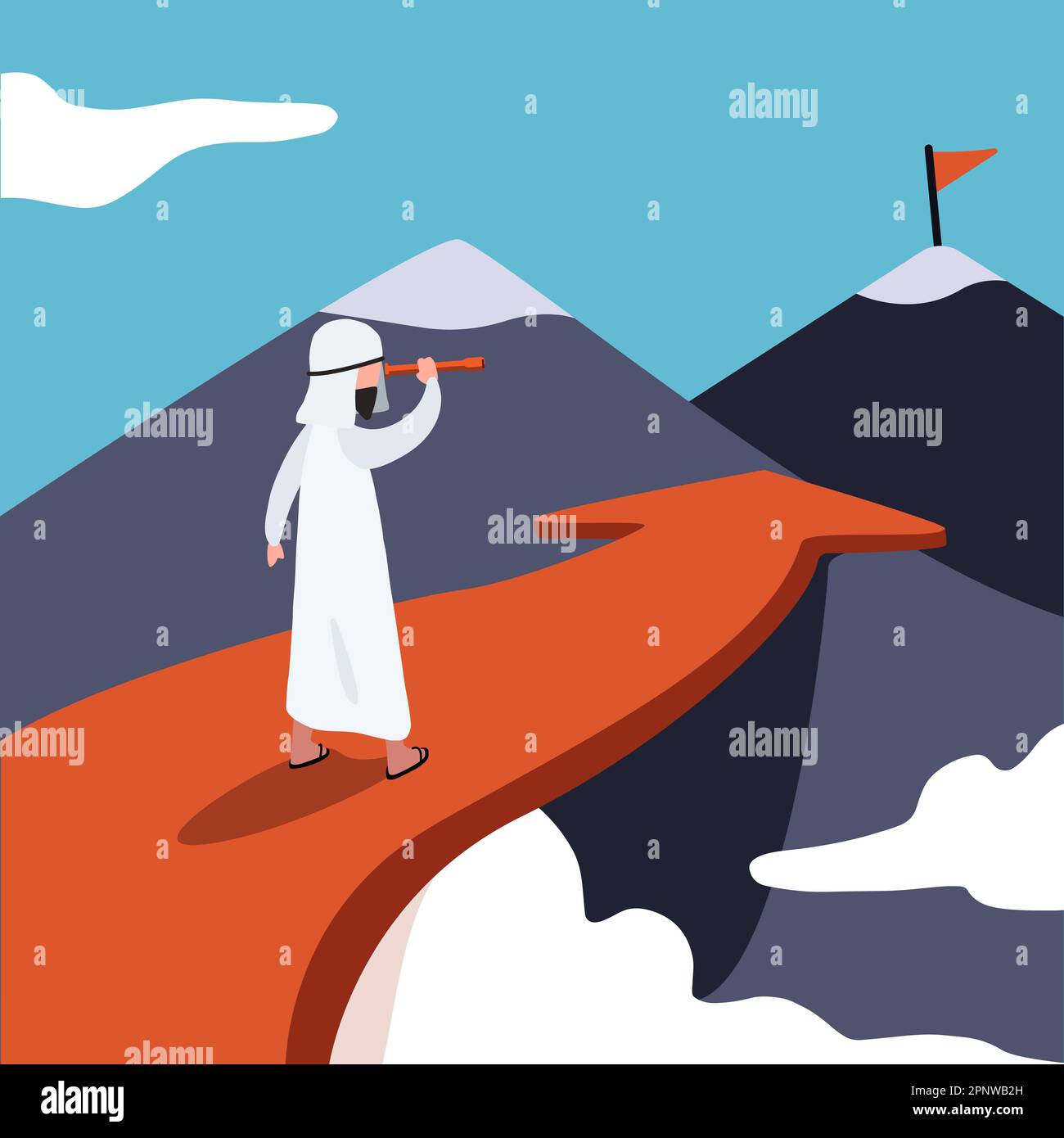 Business flat drawing Arabian businessman standing on arrow looking ...