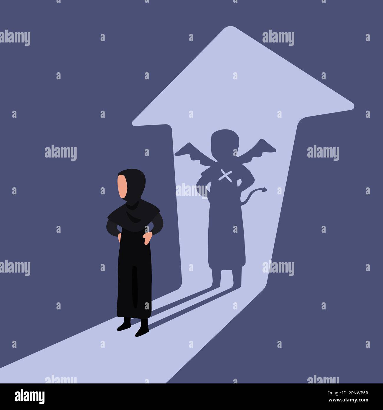 Business flat drawing Arabian businesswoman standing with demon shadow ...