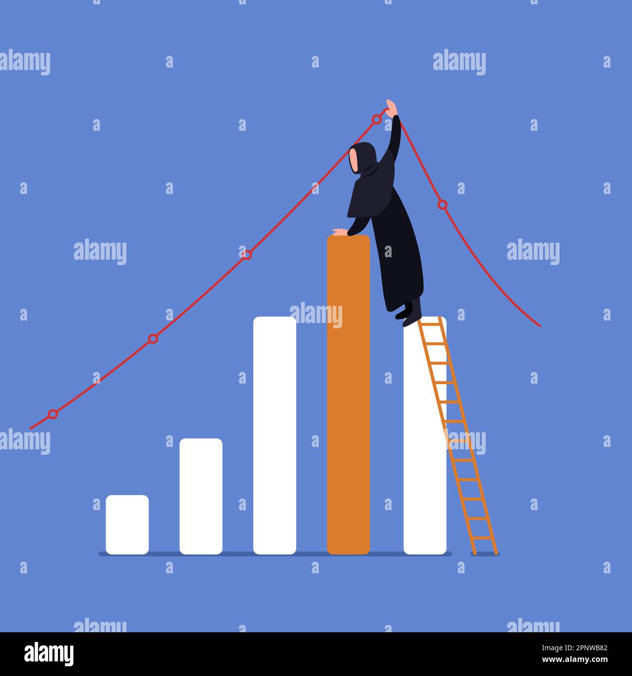 Business flat drawing Arabian businesswoman climbing up on ladder to ...