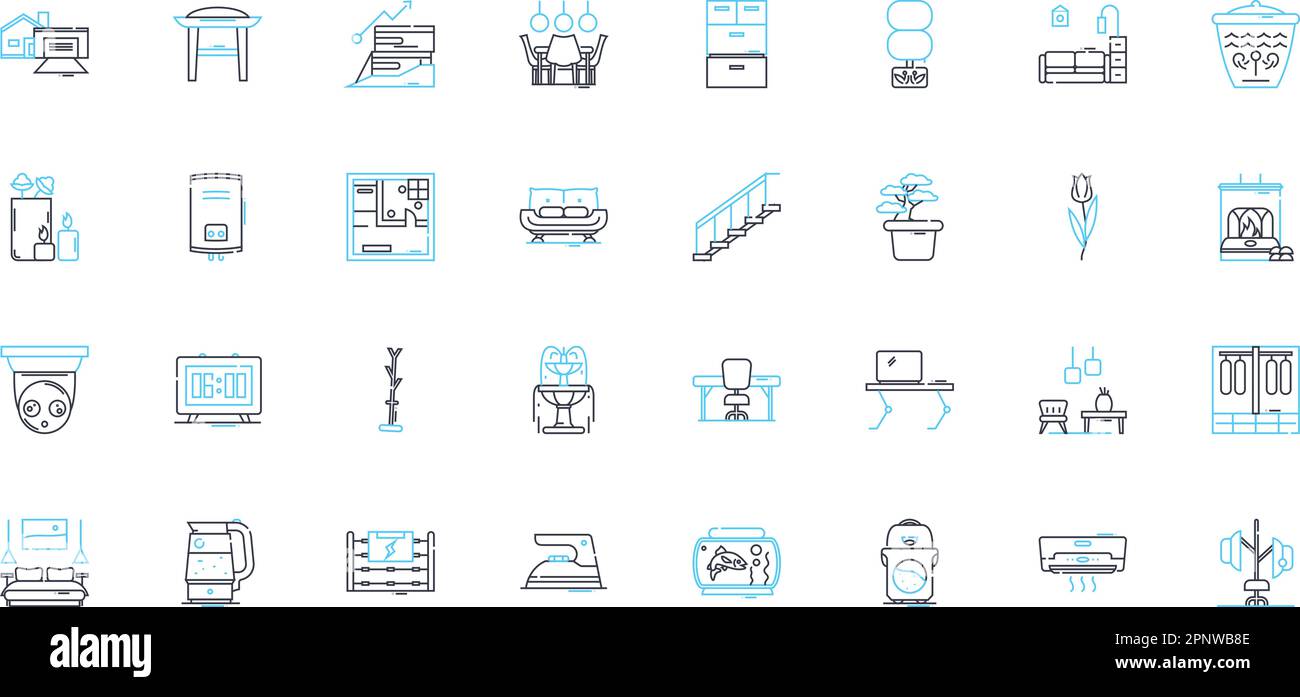 Habitations linear icons set. Homes, Apartments, Villas, Bungalows ...