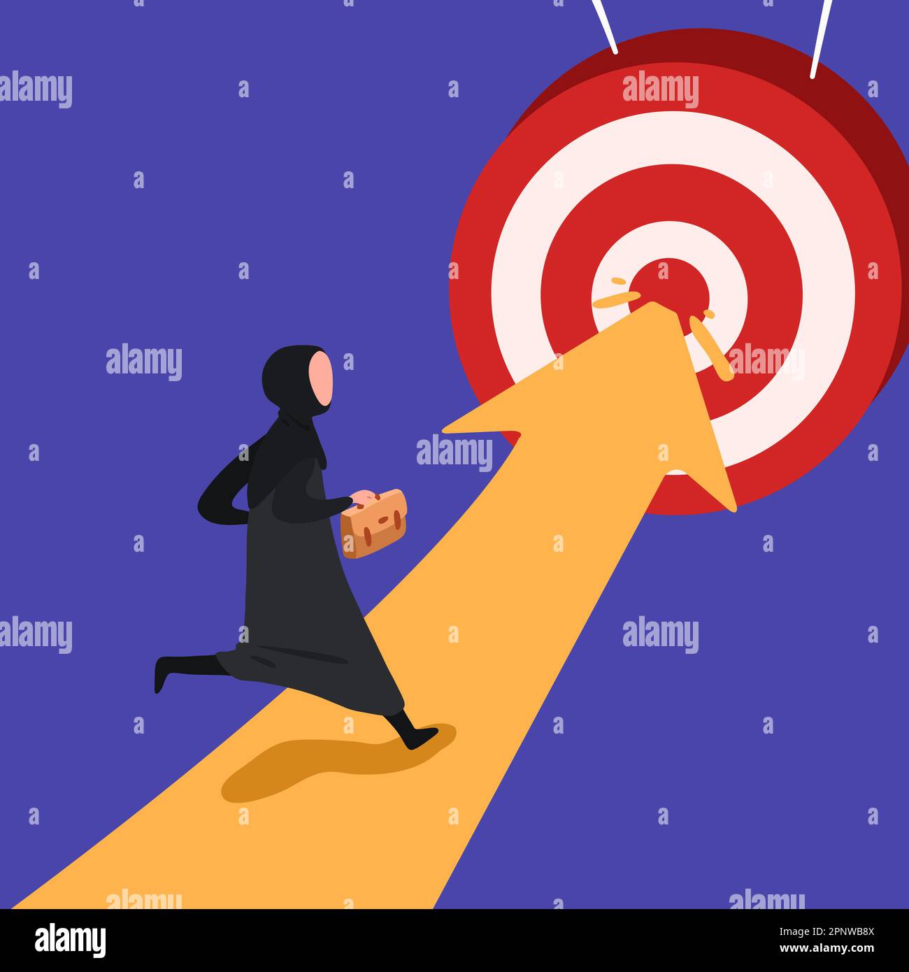 Business flat drawing Arabian businesswoman running toward goal. Reach ...