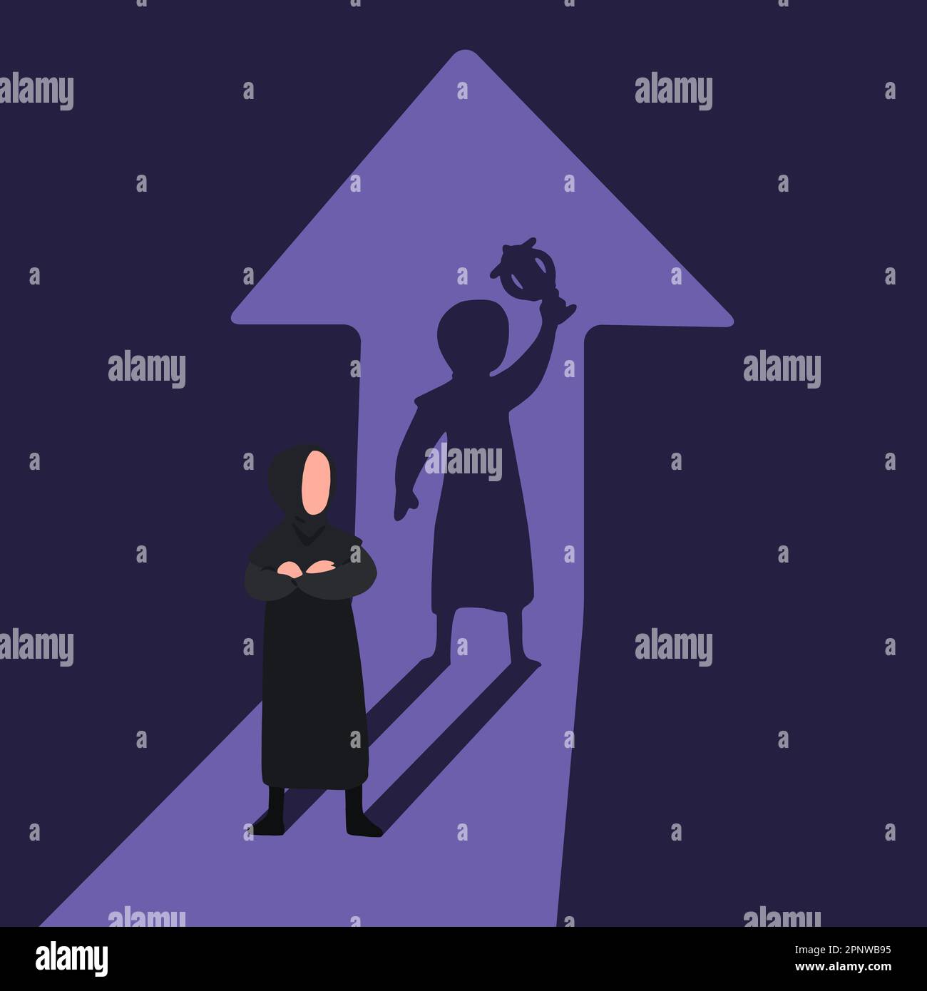 Business concept flat Arabian businesswoman with winner shadow holding ...