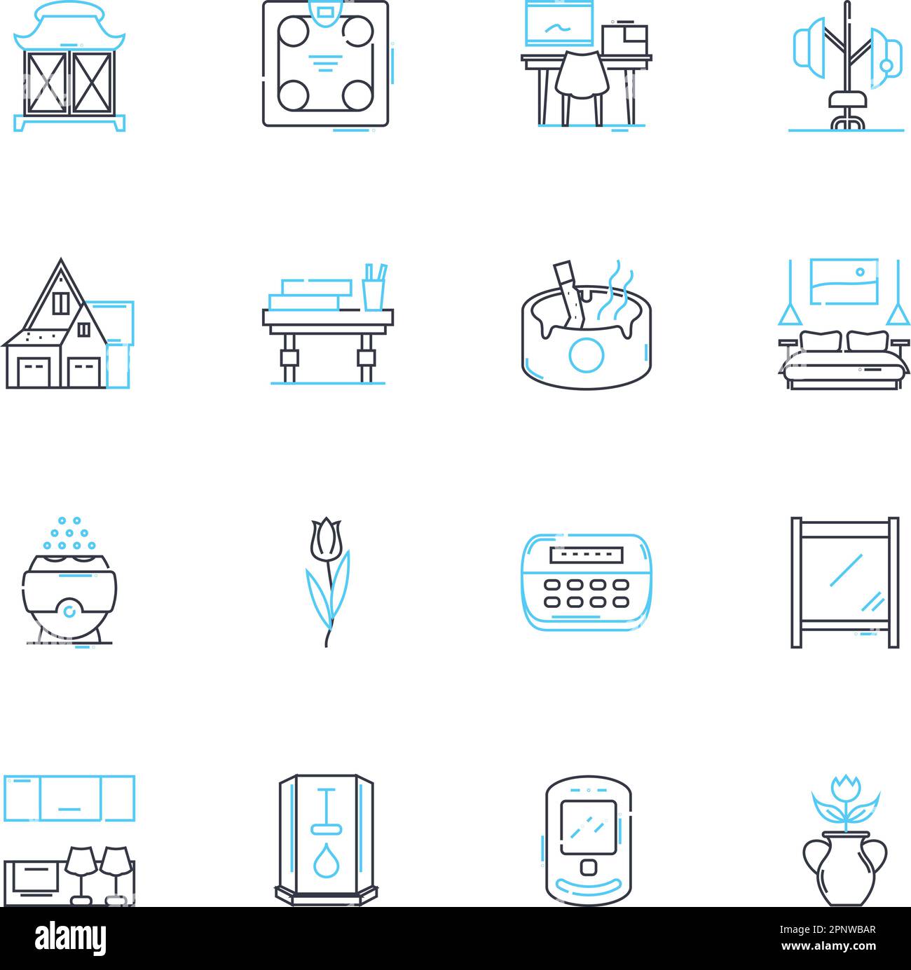 Houses linear icons set. Cozy, Spacious, Modern, Victorian, Rustic ...