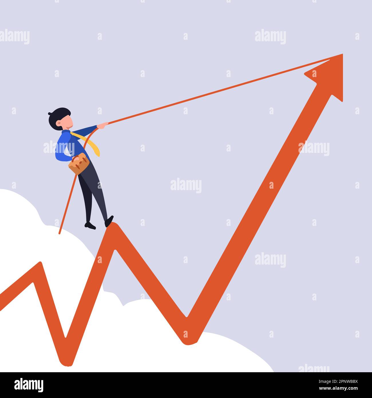 Business concept flat businessman holding briefcase and pulling arrow graph chart up with rope ...