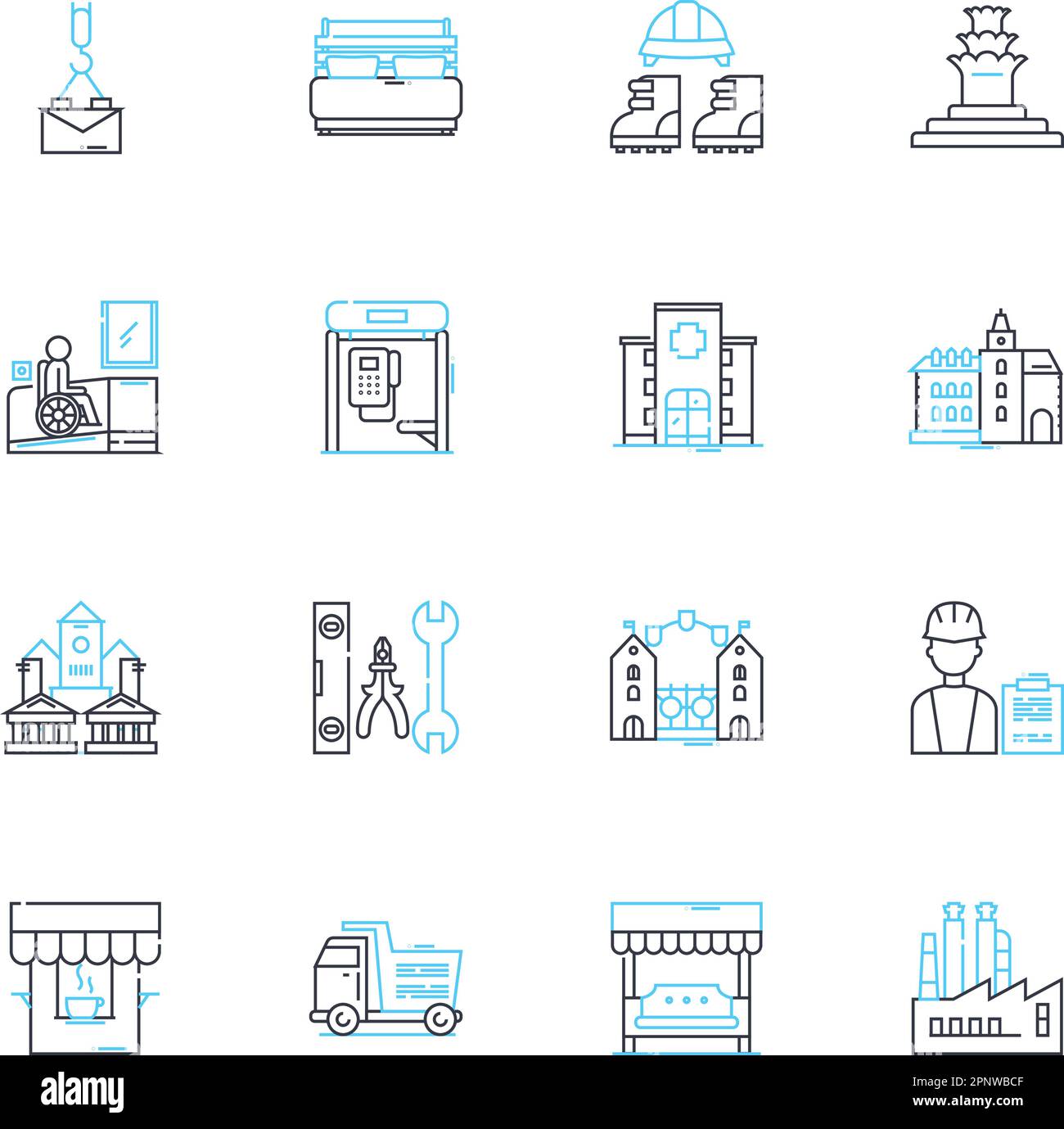 High-rise buildings linear icons set. Skyscraper, Tower, Height, Elevator, View, Architecture ...