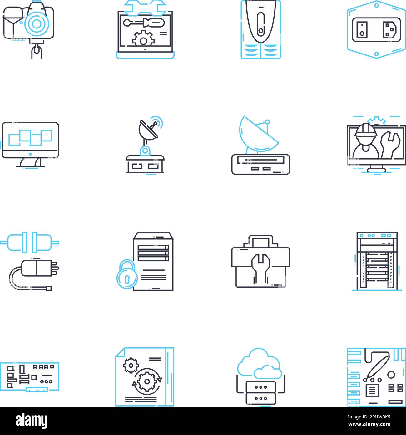 Information devices linear icons set. Smartph, Laptop, Tablet, Desktop, Smartwatch, E-reader ...