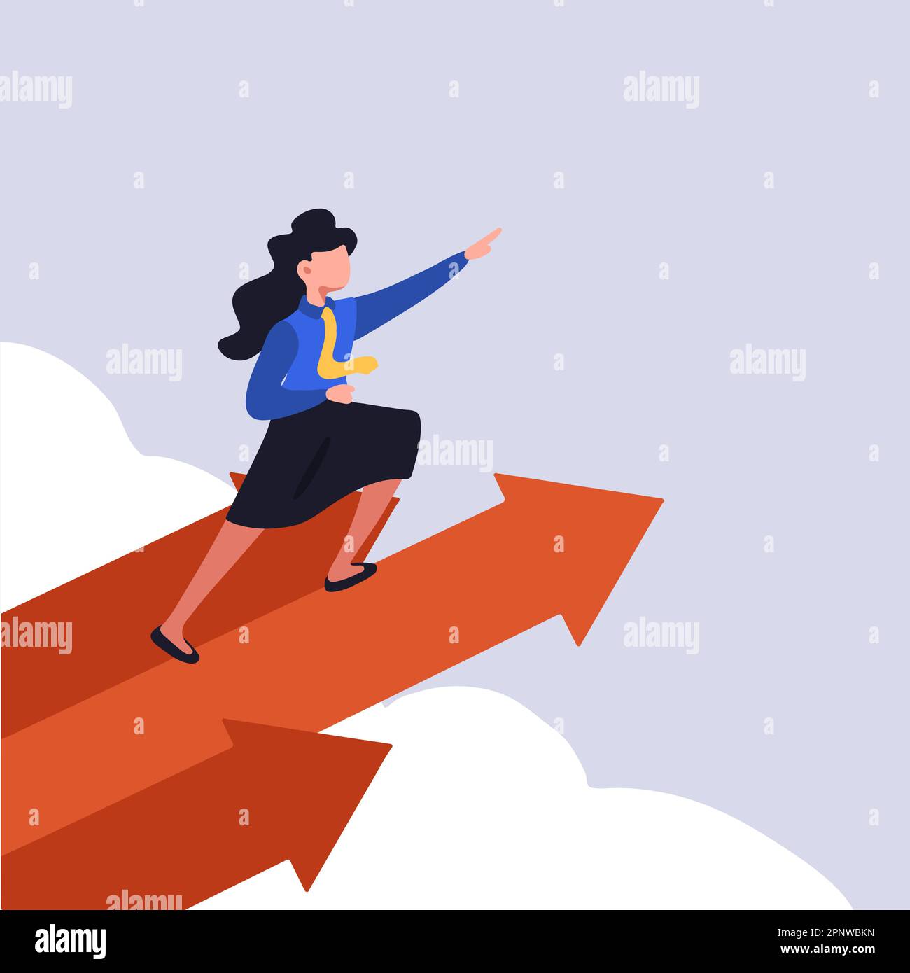 Business flat drawing active businesswoman leader stands on arrow and ...