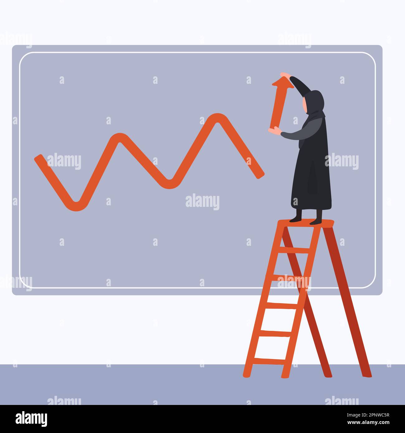 Business flat drawing Arabian business woman stand on ladder, creating ...
