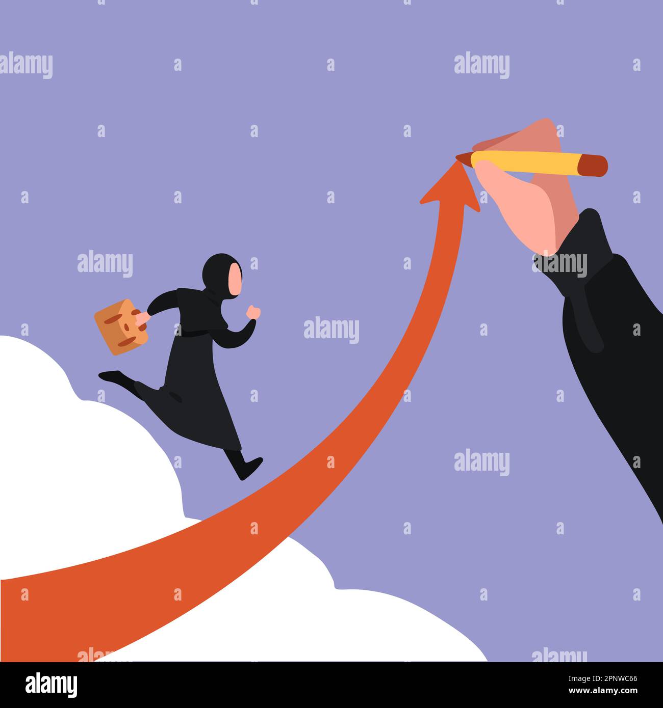 Business flat drawing Arab businesswoman running on graph which big ...