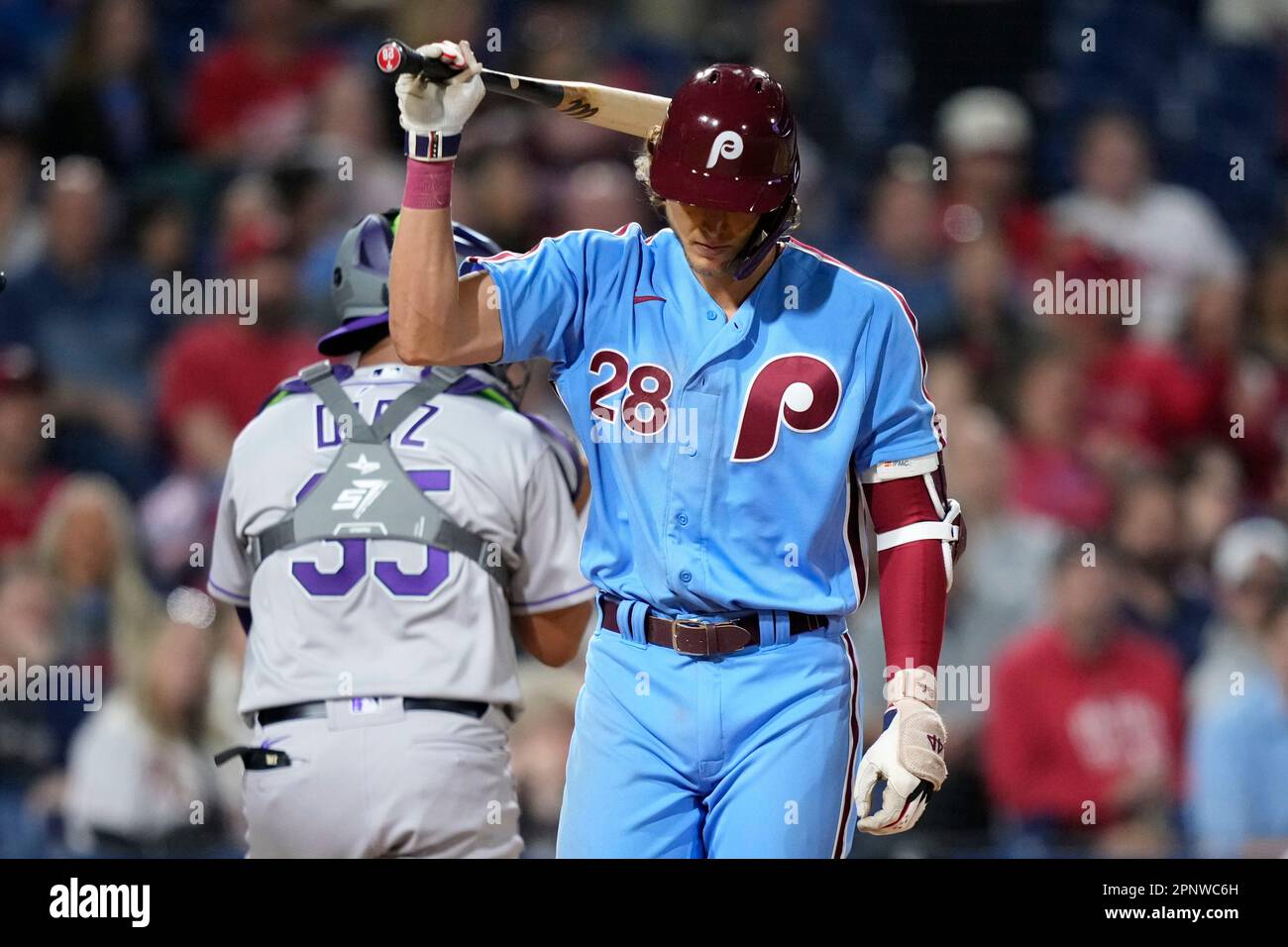 Philadelphia Phillies' Alec Bohm, right, reacts after striking out ...