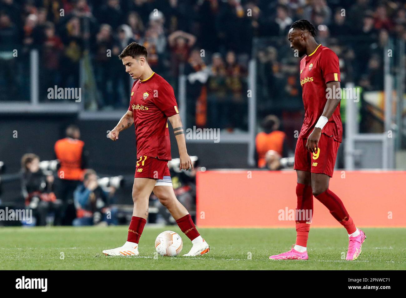 Rome, Italy. 20th Apr, 2023. Paulo Dybala, left, and Tammy Abraham, of AS Roma, react after Igor ...