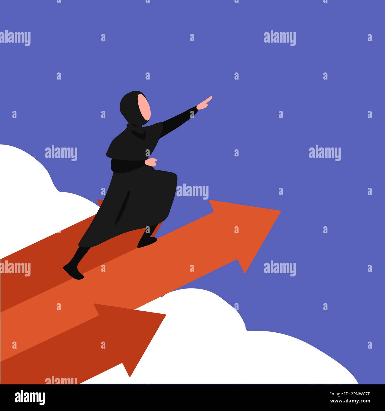Business concept flat Arabian businesswoman leader stands on arrow and ...