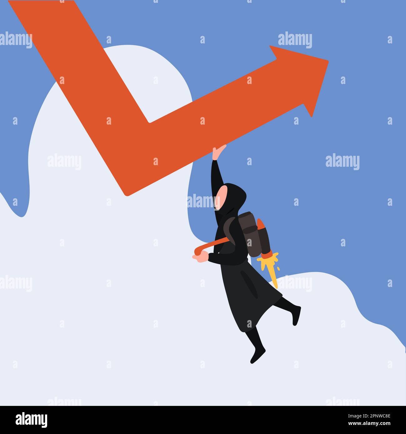 Business flat drawing Arabian businesswoman with jetpack turning ...