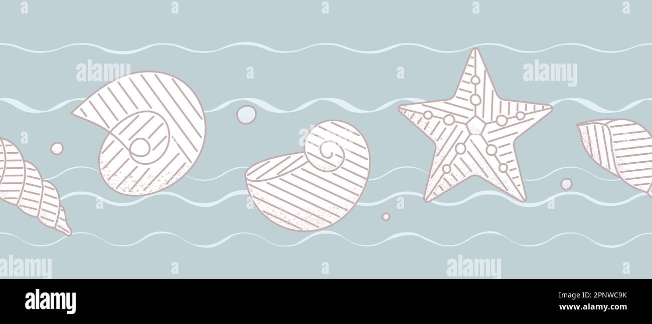Line vector seamless pattern of line with seashells, seastars. Marine ...
