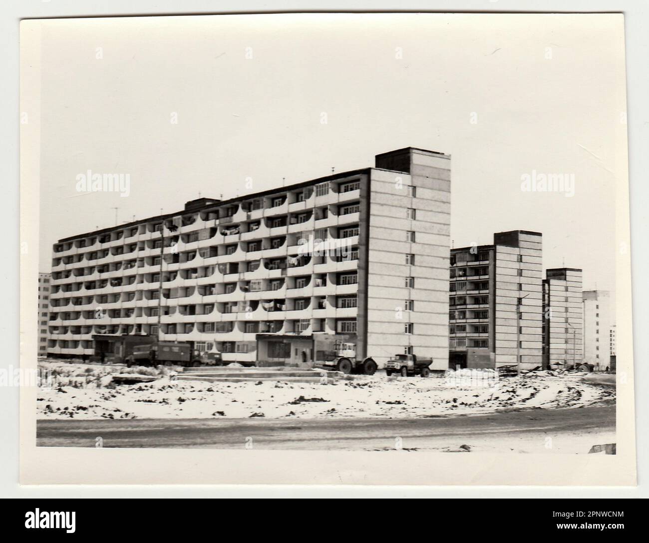 Vintage photo shows construction of blocks of flats in USSR. Winter ...