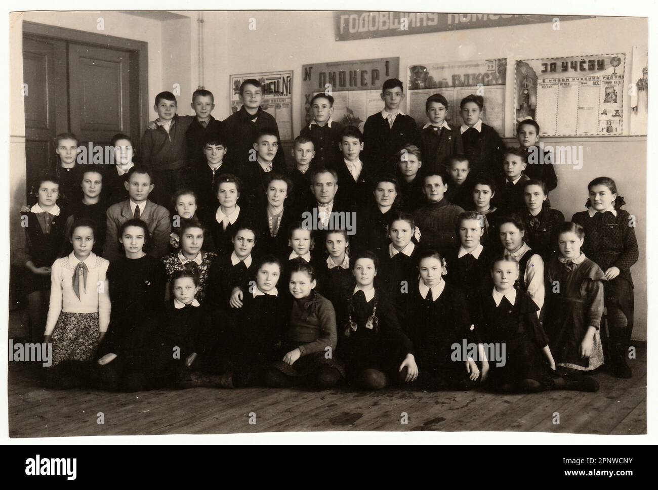 Vintage photo shows pupils - schoolmates and teaching staff Stock Photo ...