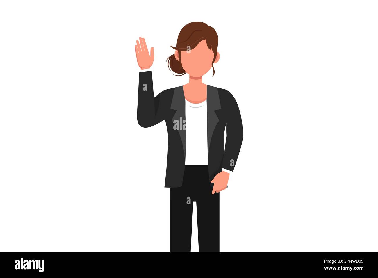 Business flat cartoon style drawing young businesswoman showing palm as ...