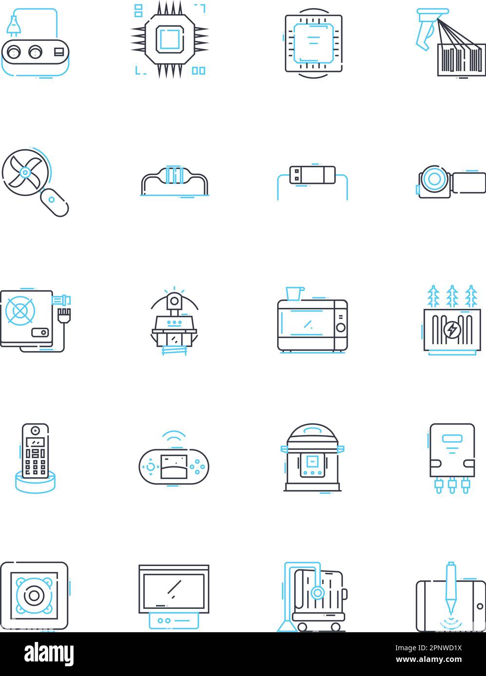 Digital devices linear icons set. Smartph, Tablet, Laptop, Desktop, Camera, Printer, Scanner ...