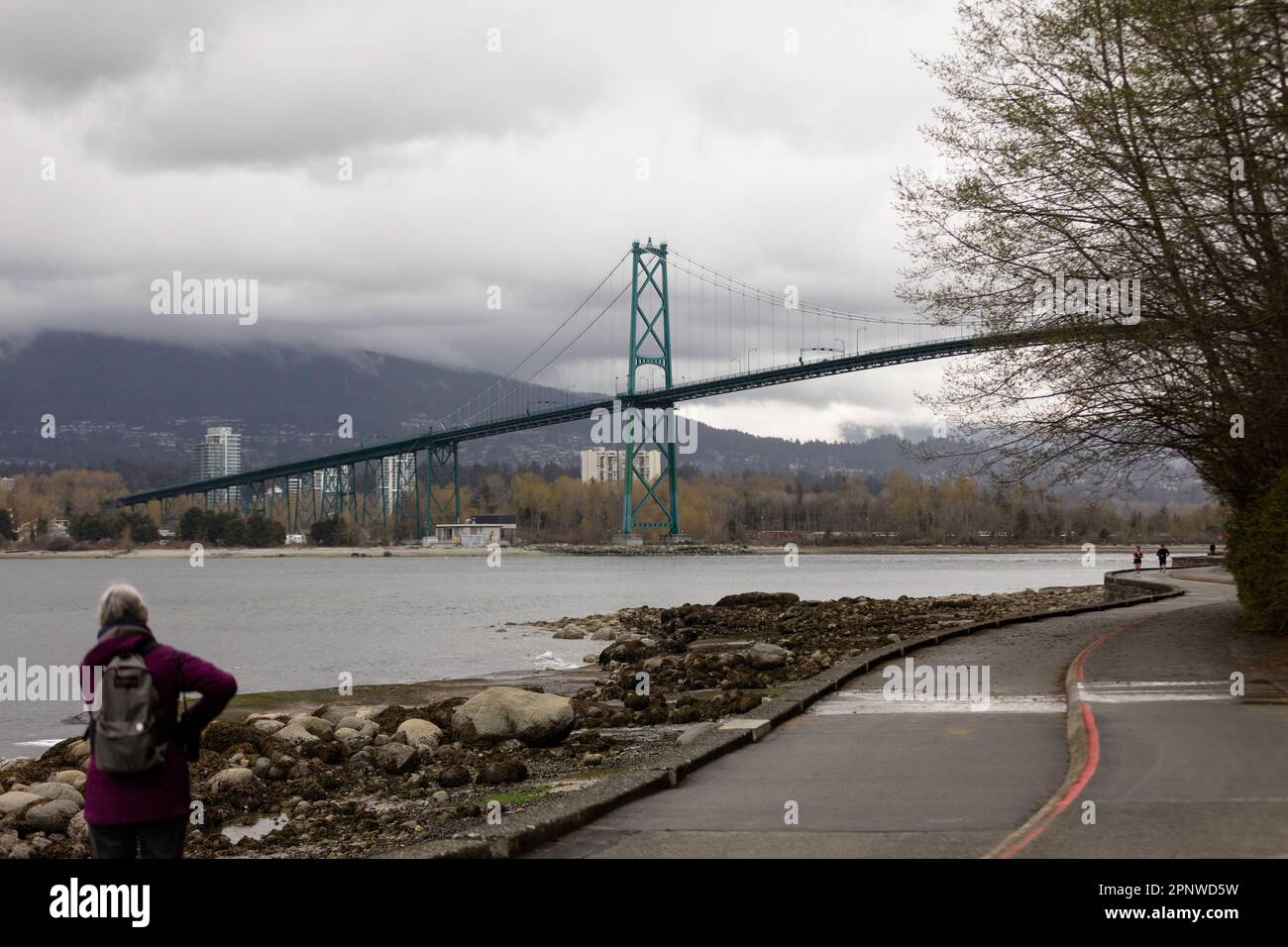 The Lion's Gate Bridge is seen from the seawall trail in Stanley Park ...