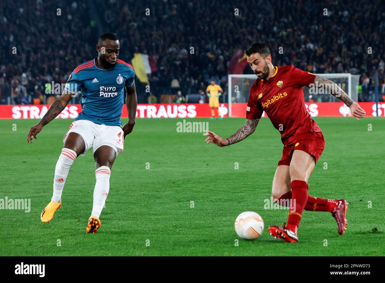 Rome, Italy. 20th Apr, 2023. Leonardo Spinazzola, of AS Roma, is challenged by Lutsharel ...