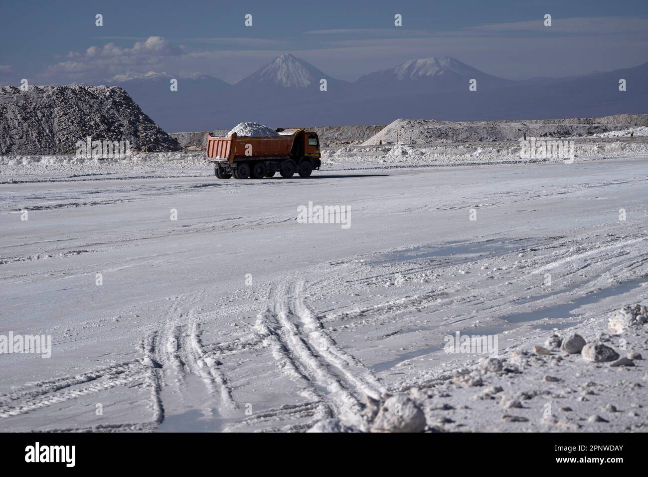 A truck carries salt used as part of lithium processing at the Albemarle lithium mine in Chile's ...