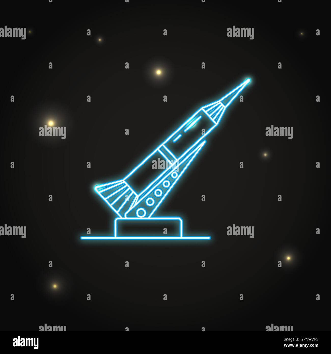 Neon rocket and launch pad icon in thin line style. Spaceship electric ...