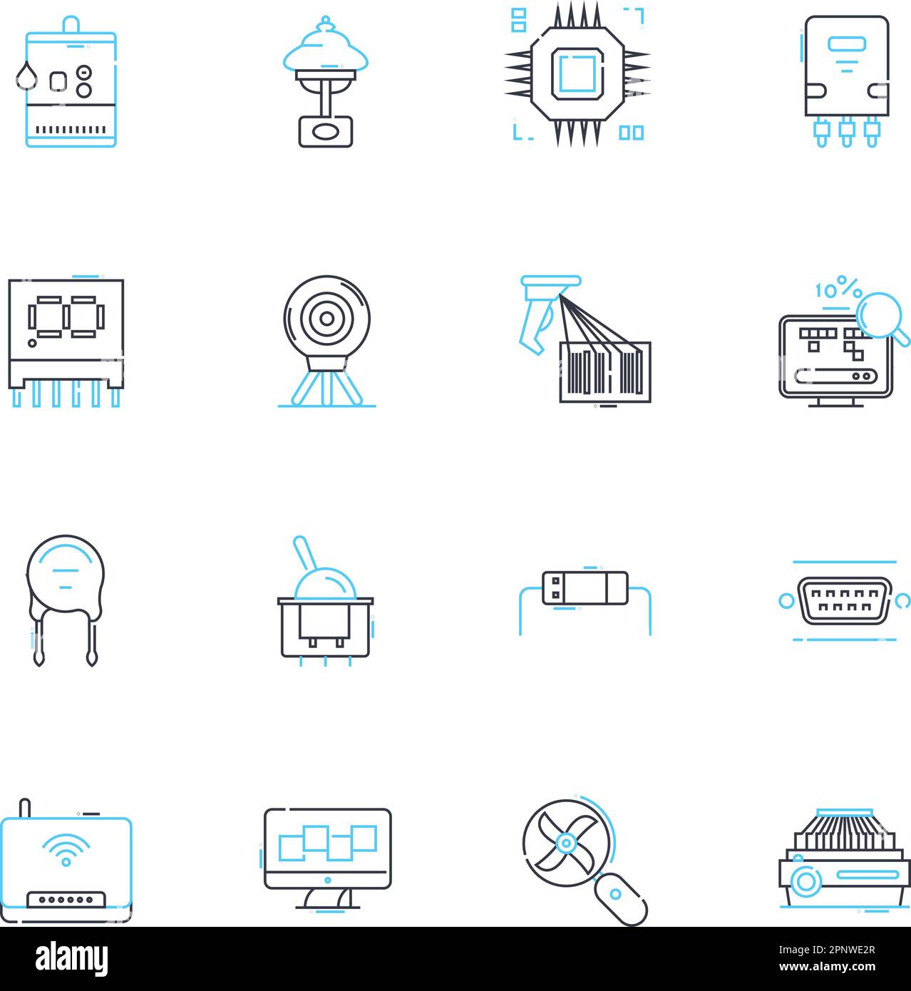 Hi-tech gadgets linear icons set. Robotics, Nanotechnology, Smartwatch, Virtual reality ...