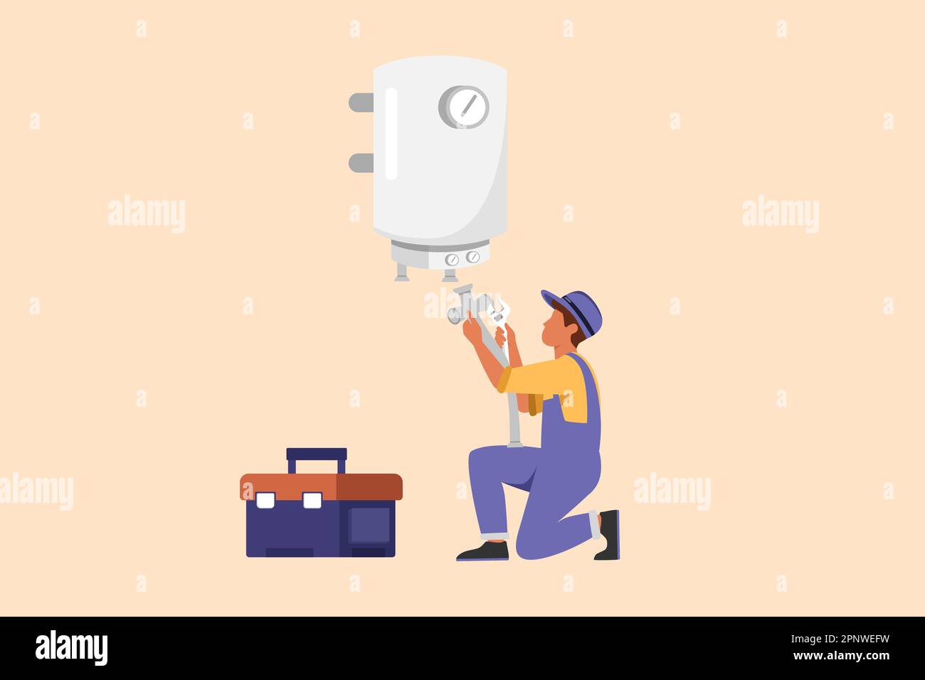 Business flat cartoon style drawing repairman or plumber in overalls ...