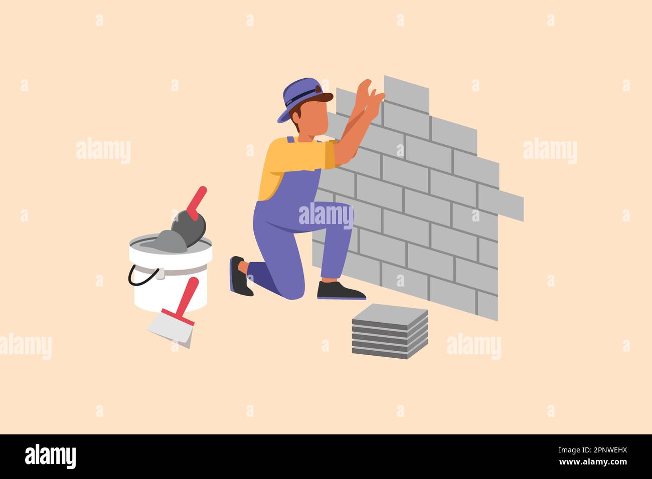 Business flat cartoon style drawing repair worker laying ceramic wall ...