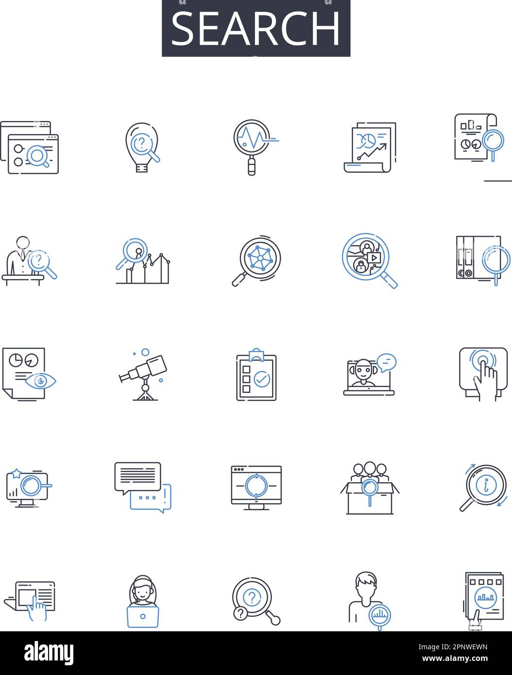 Search line icons collection. Hunt, Seek, Scour, Probe, Explore, Quest, Trace vector and linear ...