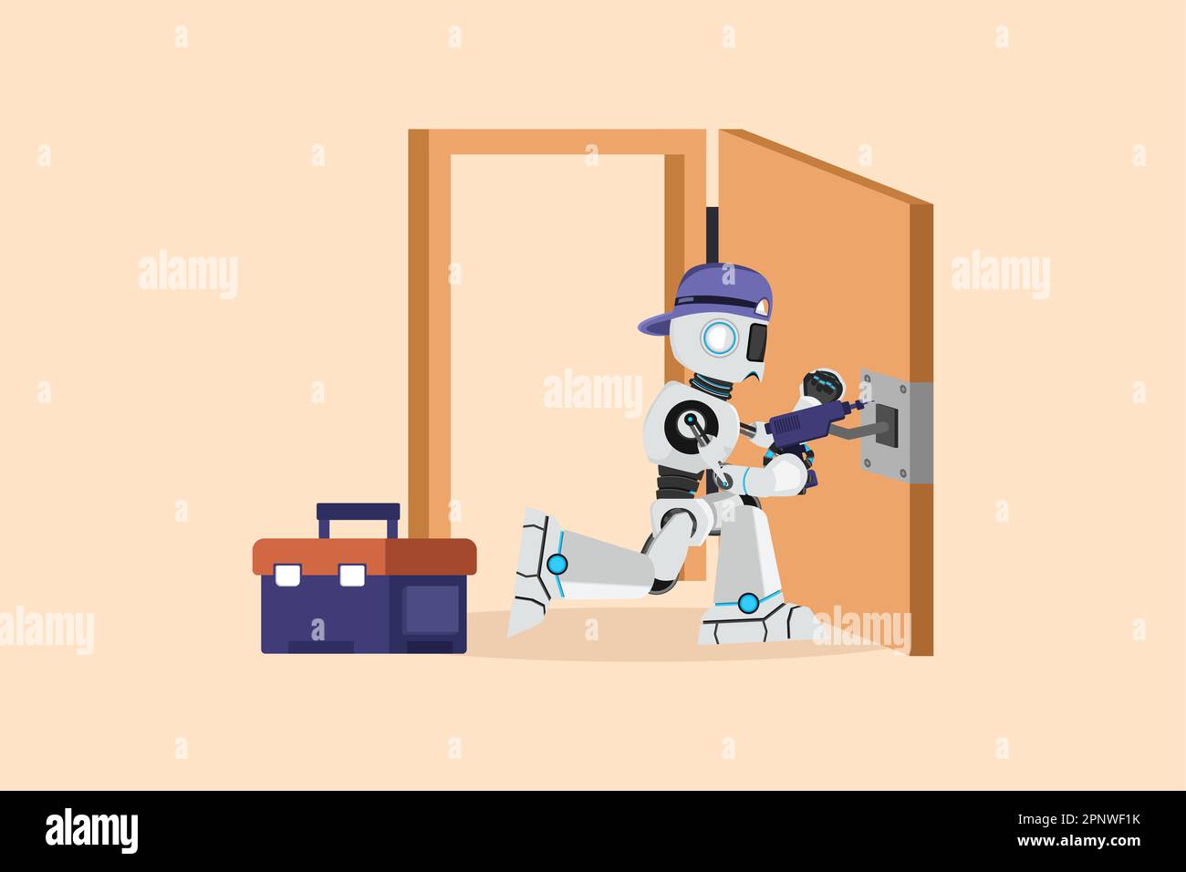 Business design drawing robot repairman with equipment repairing wooden ...