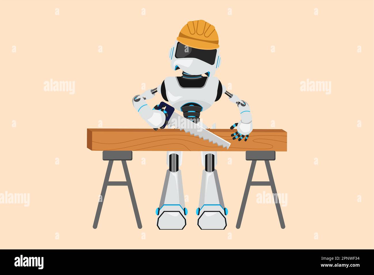 Business flat drawing robot carpenter repairman sawing boards. Building ...