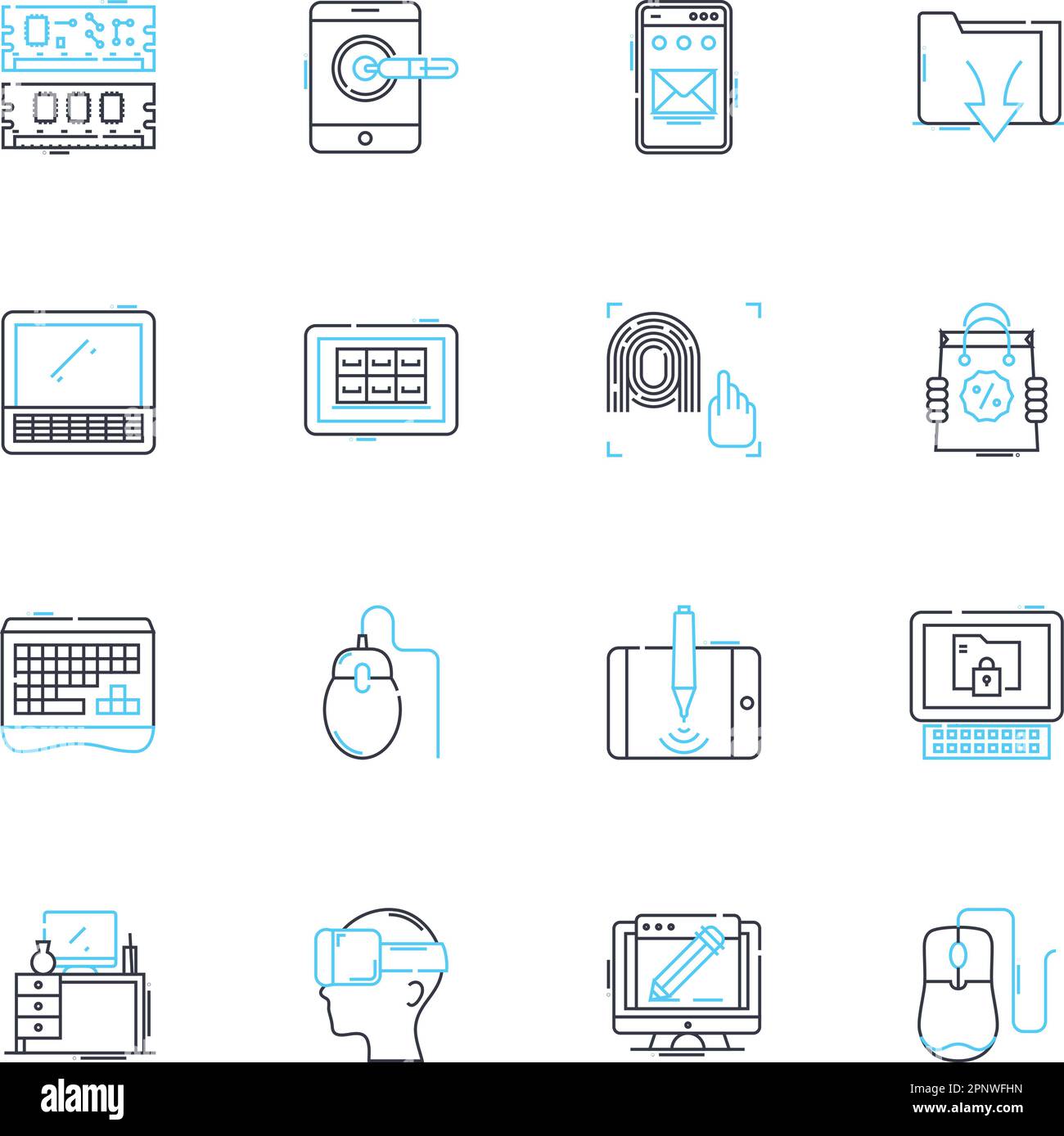 Gadget linear icons set. Smartph, Laptop, Tablet, Camera, Headphs, Earbuds, Smartwatch line ...