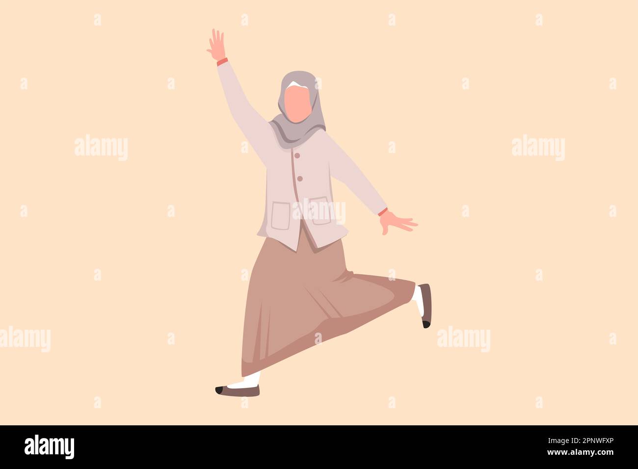 Business flat drawing happy Arab businesswoman jumping with spreads ...