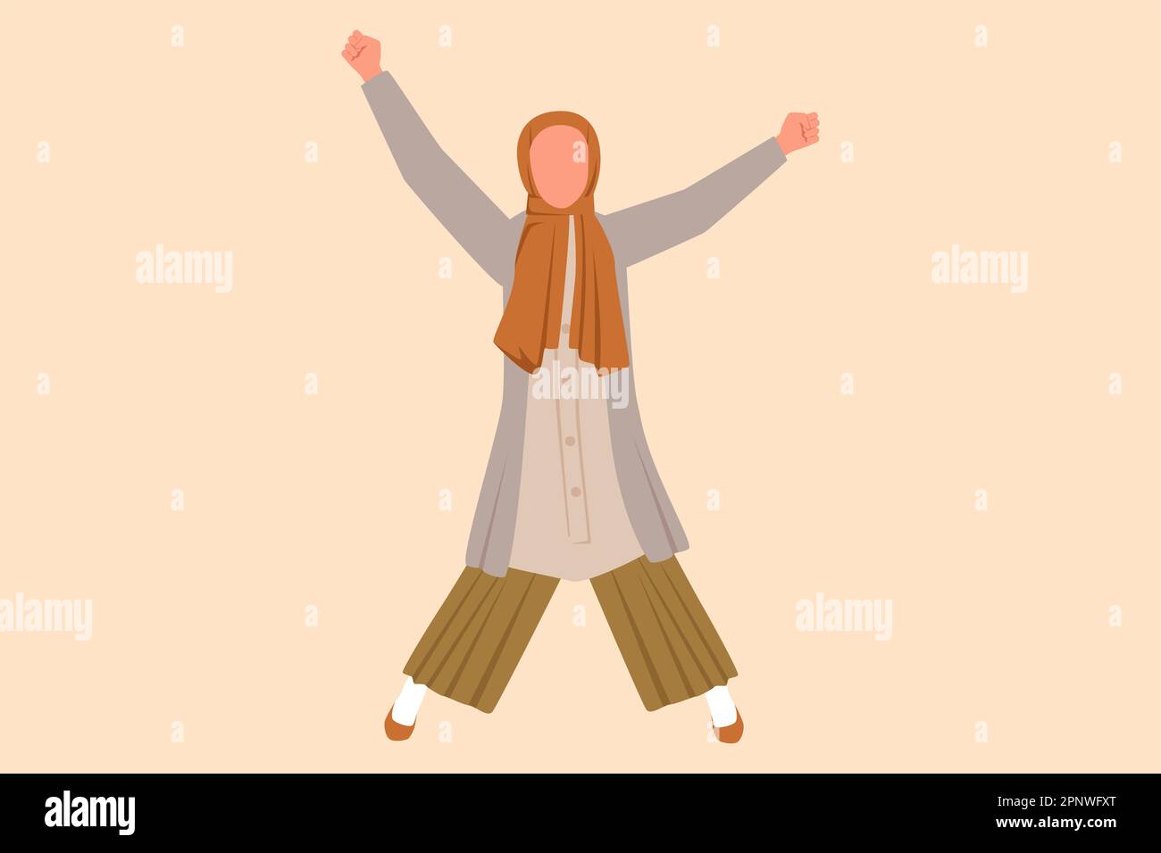 Business flat cartoon style drawing happy Arab businesswoman jumping ...