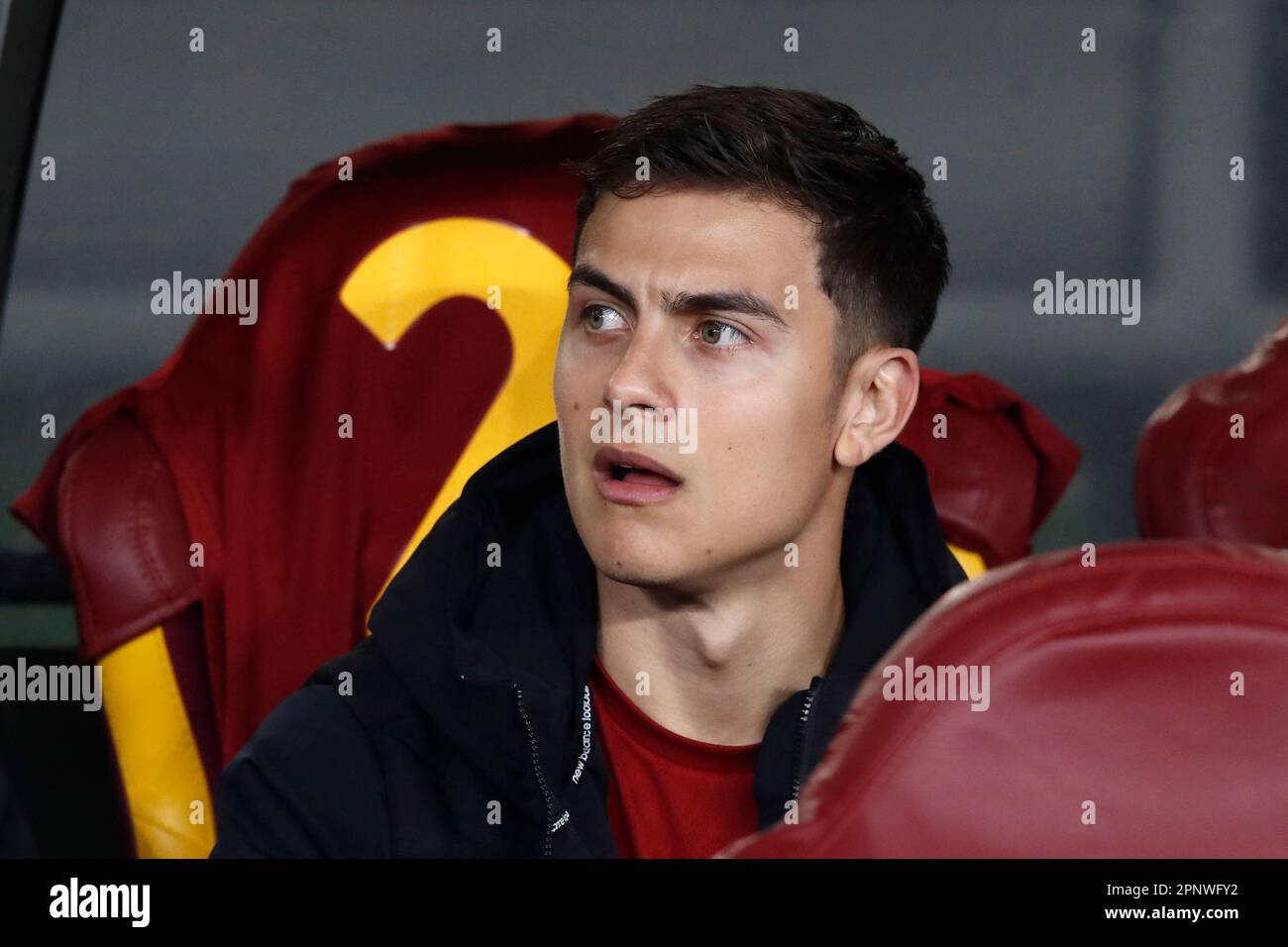 Rome, Italy. 20th Apr, 2023. Paulo Dybala, of AS Roma, sits on the bench before the start of the ...