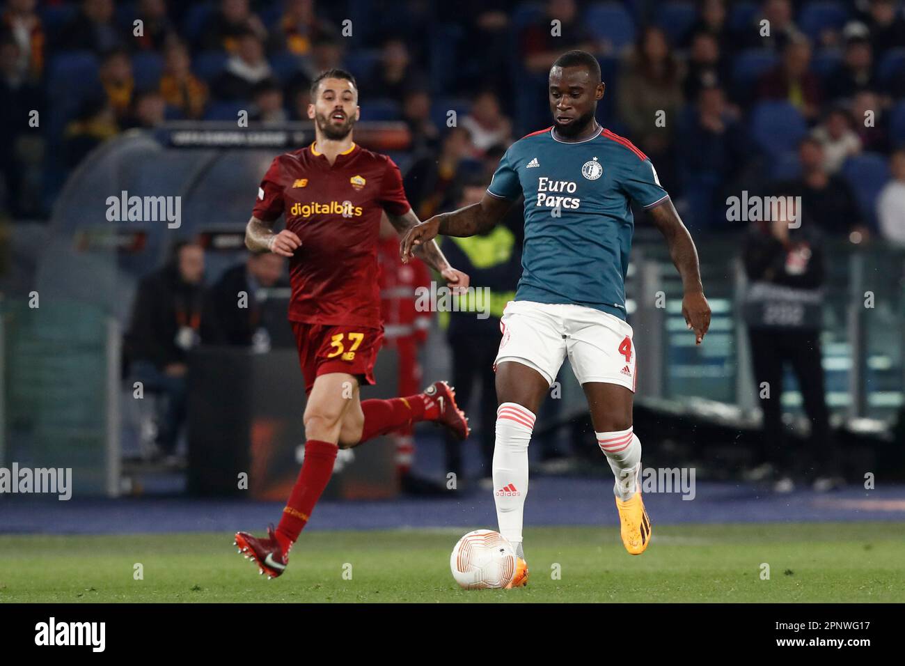 Rome, Italy. 20th Apr, 2023. Lutsharel Geertruida, right, of Feyenoord, in action during the ...