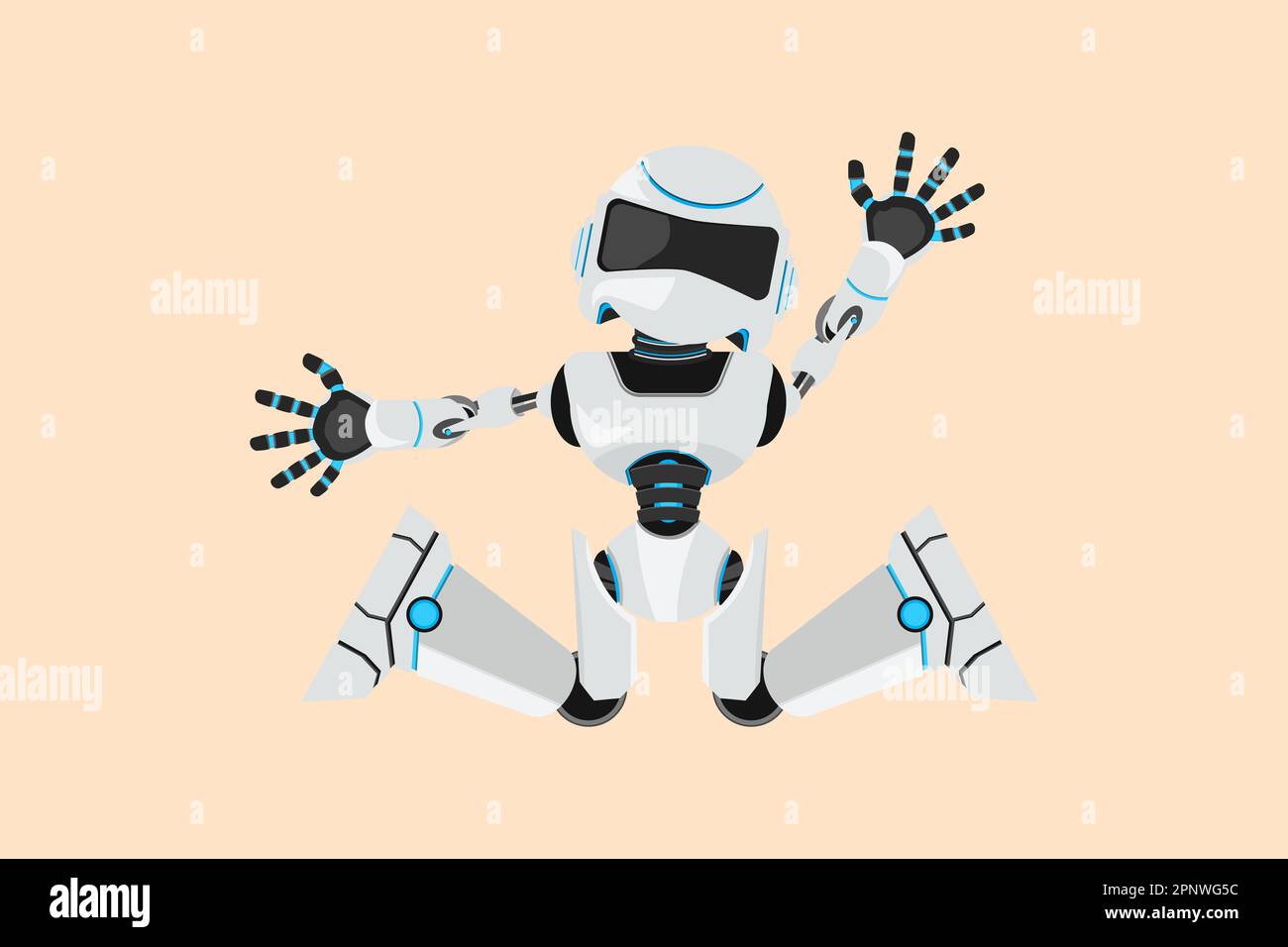 Business flat cartoon style drawing happy robot jumping with raised ...