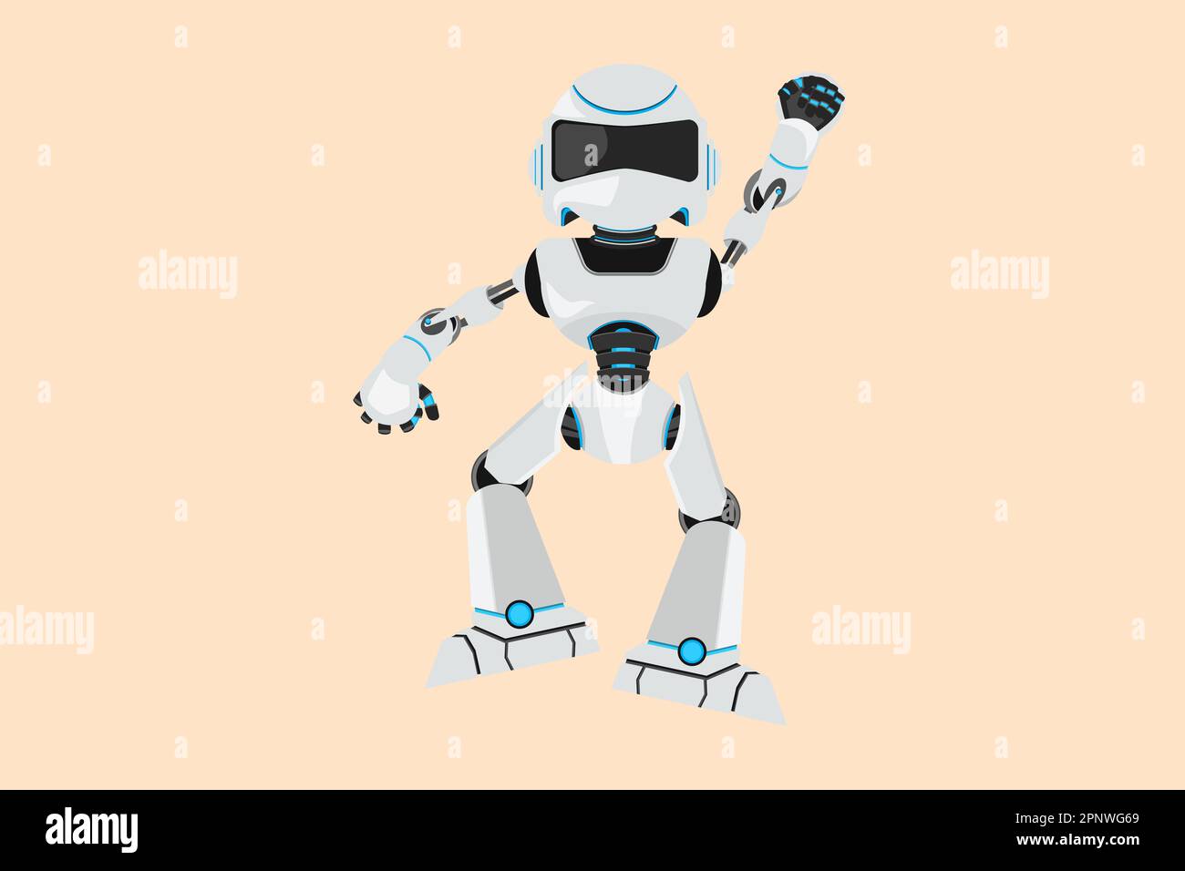 Business flat drawing happy robot jump with folds one leg and raises ...