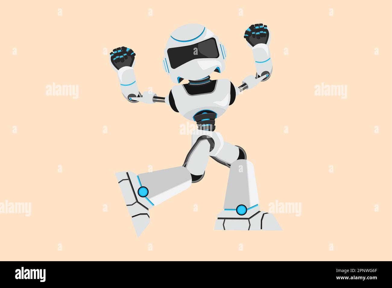 Business flat cartoon style drawing happy robot standing with raised ...