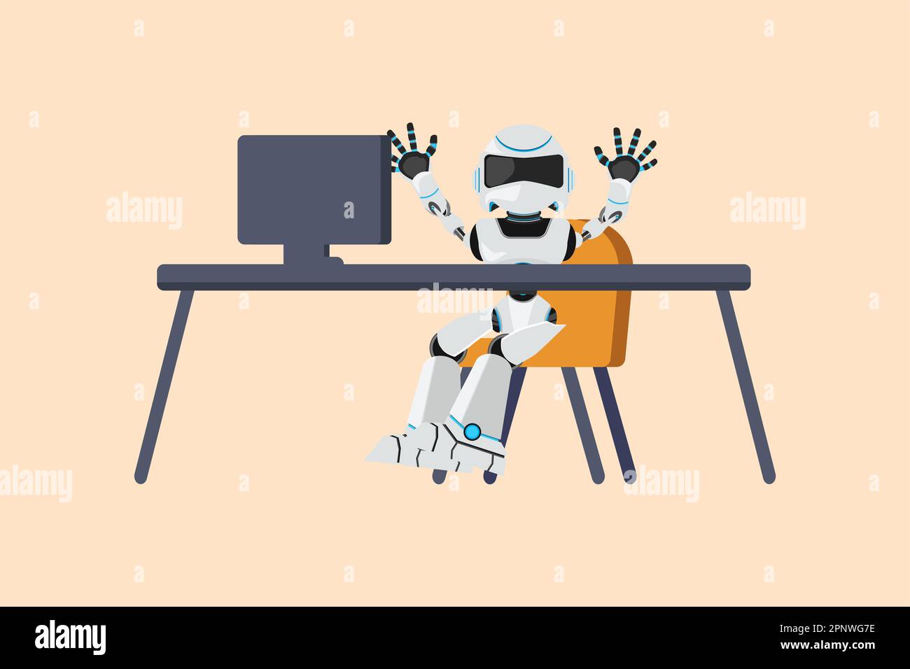 Business design drawing happy robot sitting with raised hands near desk ...